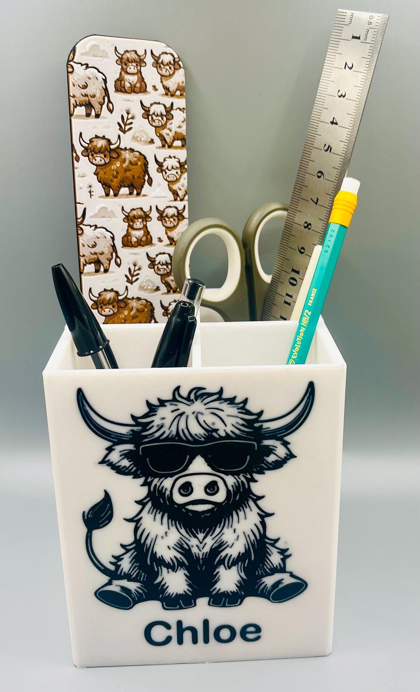 Personalised Highland Cow Desk Organiser, Cute Pen Holder, Desk ...