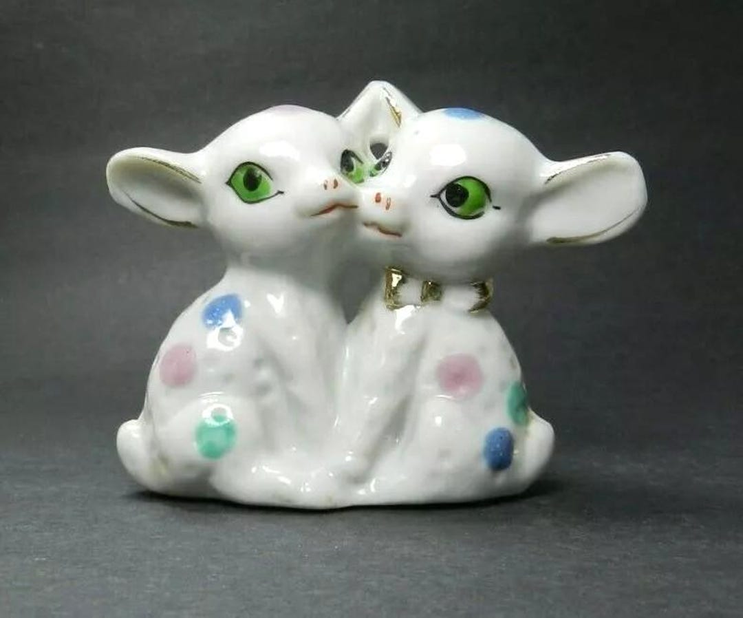 Vintage White Porcelain Lamb Figurines With Green Eyes and Colored ...
