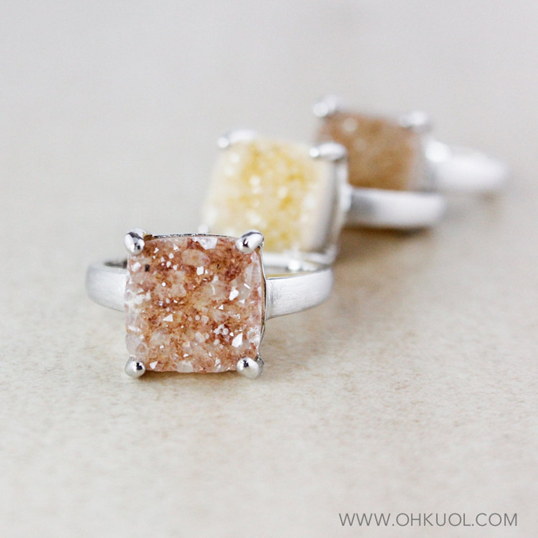Square Agate Druzy Ring: Sterling Silver Band, Earthy Tones - Etsy