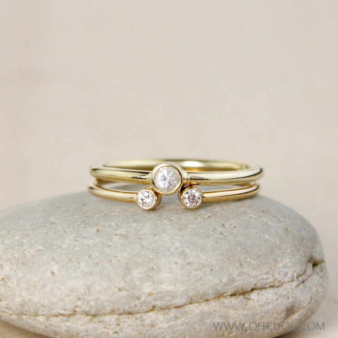 Gold Dual Diamond Ring Set, Diamond or White Sapphire, Modern Wedding ...