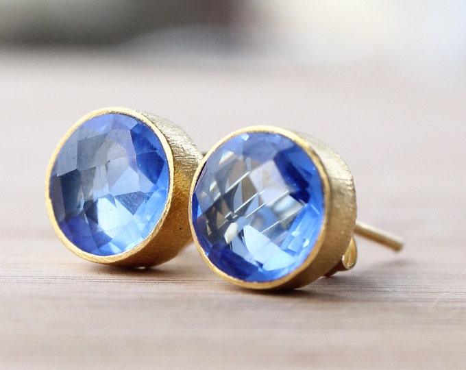 Gold Royal Blue Quartz Earrings Sapphire Blue Gemstone Studs - Etsy
