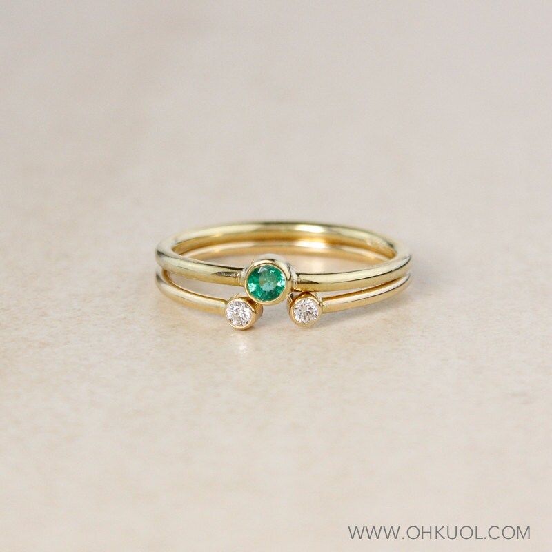 Modern Emerald Diamond Stackable Ring Set May Birthstone - Etsy