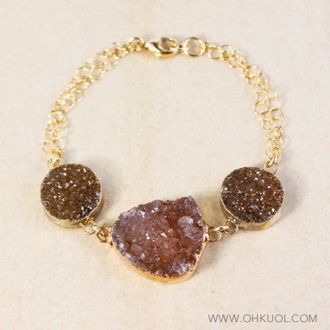 50% OFF SALE - Maroon Agate Druzy Bracelet. Three-stone Bracelet, Brown ...