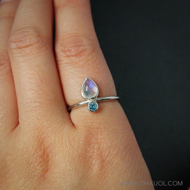 Teardrop Rainbow Moonstone & Birthstone Ring Choose Your - Etsy