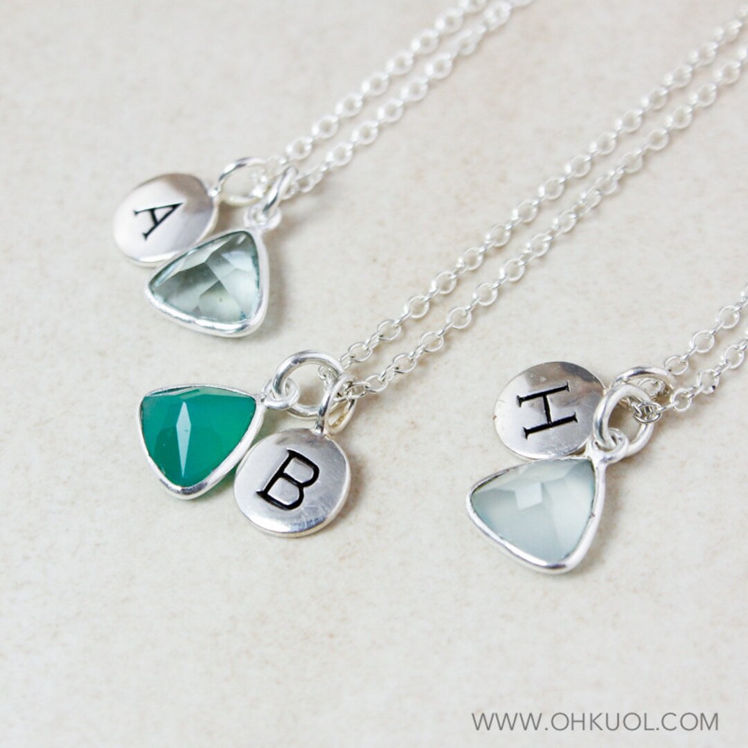 Silver Initial Charm Necklace, Green Onyx, Aqua Blue Chalcedony, London ...