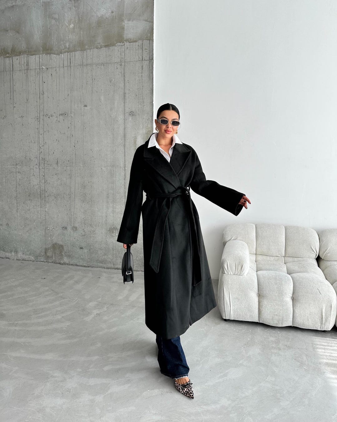 Elegant Winter Outerwear, Women Long Wool Belted Coat, Stylish Winter ...