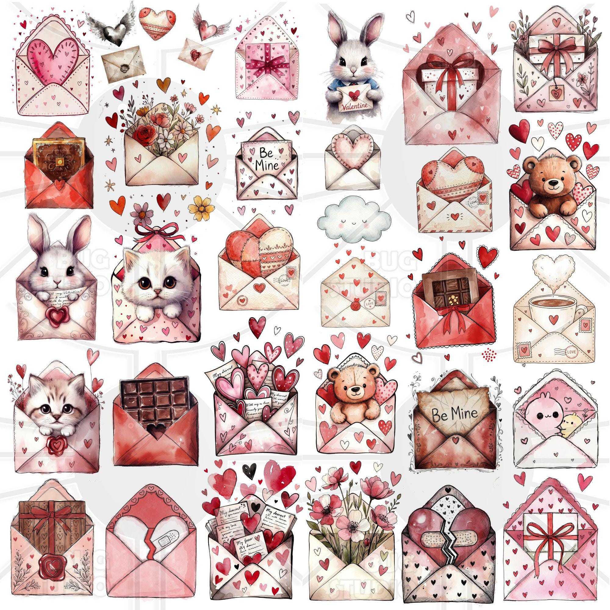 32 Whimsical Valentine Clipart Bundle, Hand Drawn Love Envelopes ...