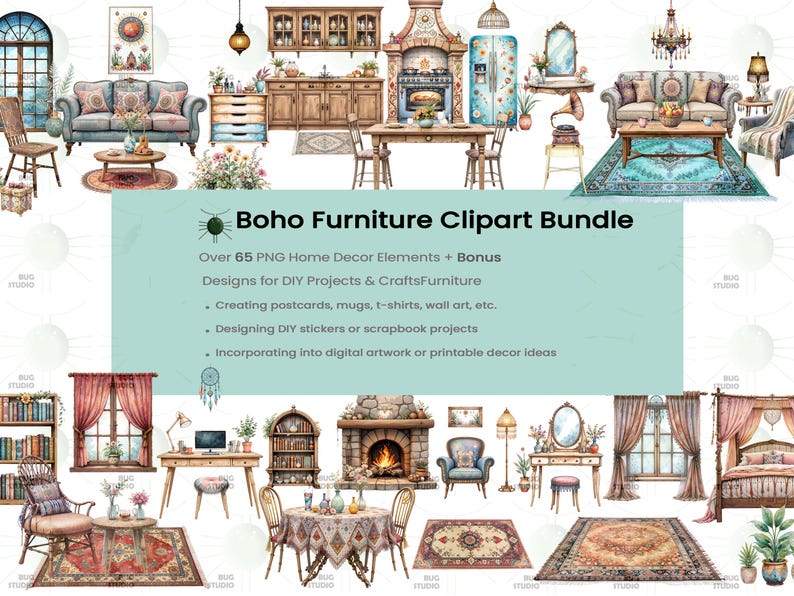 Boho Furniture Clipart Bundle – Over 65 PNG Home Decor Design Elements ...