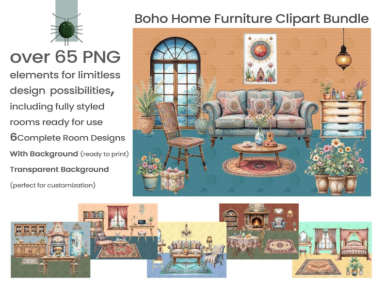Boho Furniture Clipart Bundle: 65+ PNG Home Decor Elements (digital ...