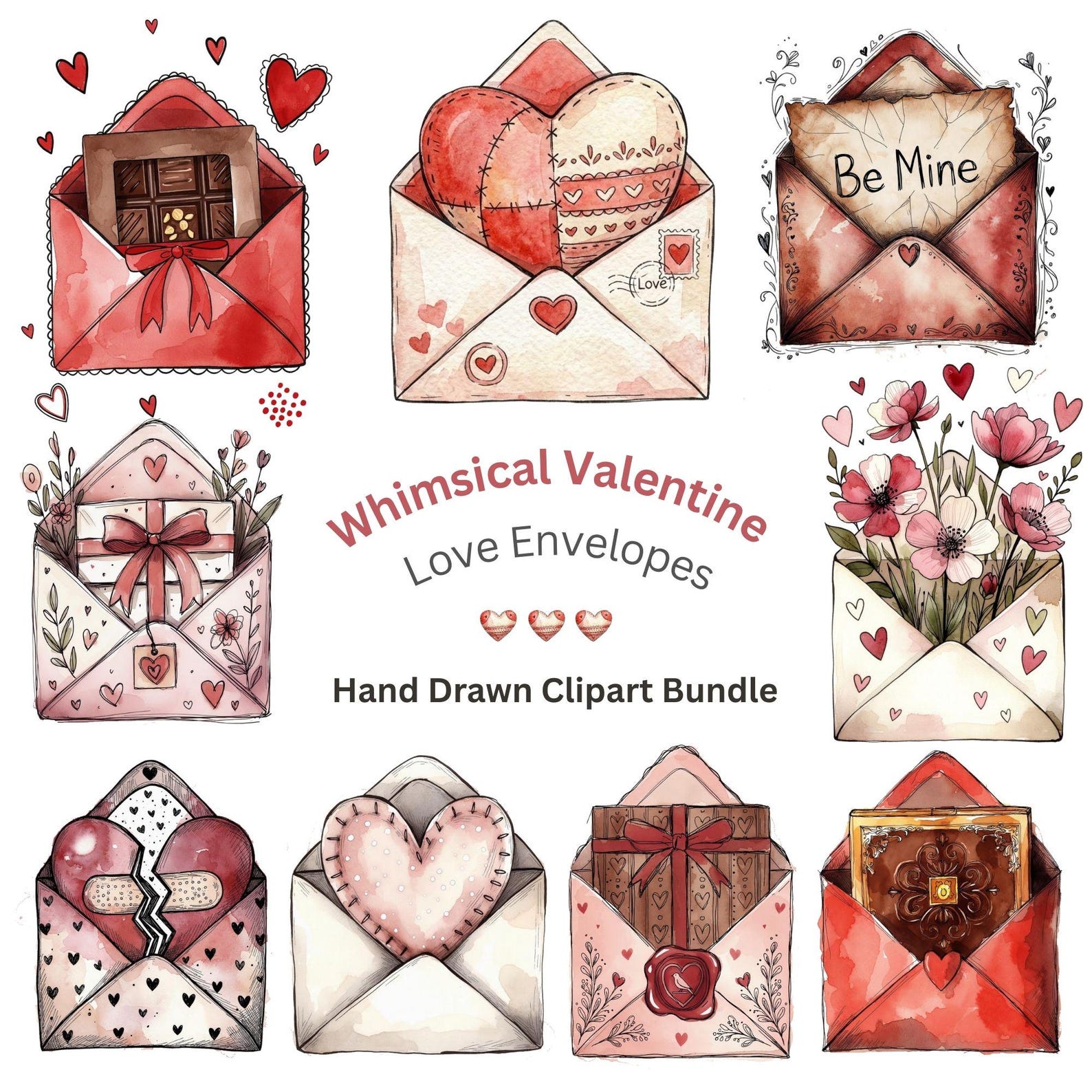 32 Whimsical Valentine Clipart Bundle, Hand Drawn Love Envelopes ...