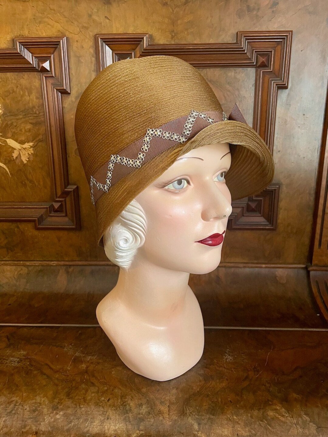 1920s Golden-brown Translucent Straw Cloche With Metal Embellishment ...