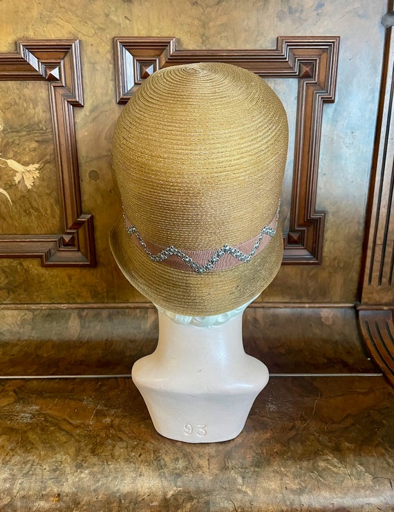 1920s golden-brown translucent straw cloche with meta… - Gem