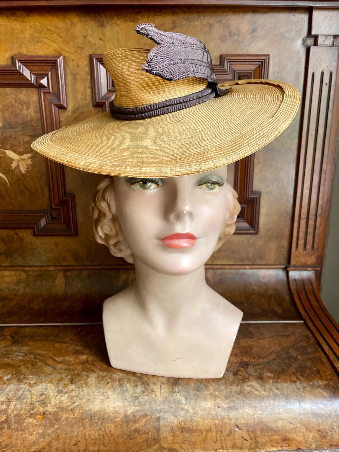 1940s 'toy' Tilt Hat in Golden Straw With Fabulous Grosgrain Ribbon ...