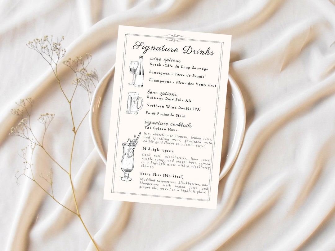 Vintage French-inspired Signature Cocktail Menu Template Editable Drink ...