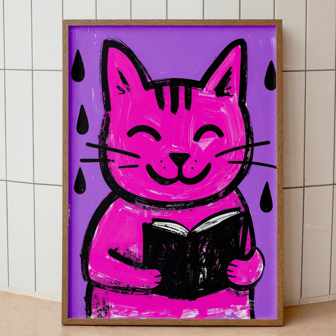 Pink Cat Reading Art Print – Modern Pop Illustration (digital Download ...