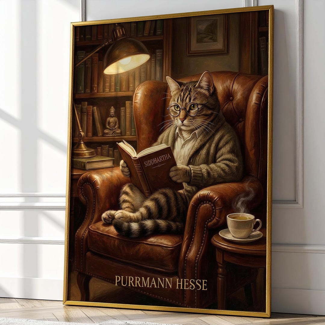 Hermann Hesse Portrait | Funny Writer Gift | Library Wall Art | Zen Cat ...
