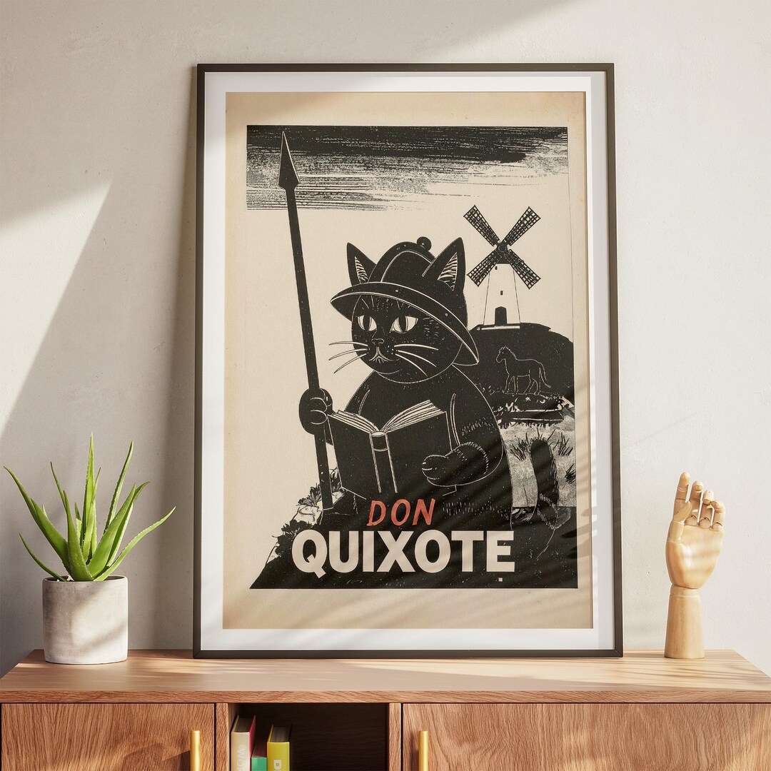Don Quixote Cat Poster: Linocut Style Cervantes Illustration (digital ...