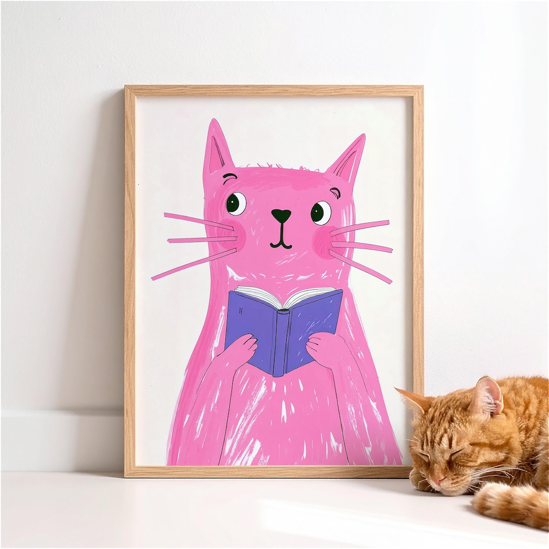 Pink Cat Reading Poster: Whimsical Animal Illustration, Kids Room Decor ...