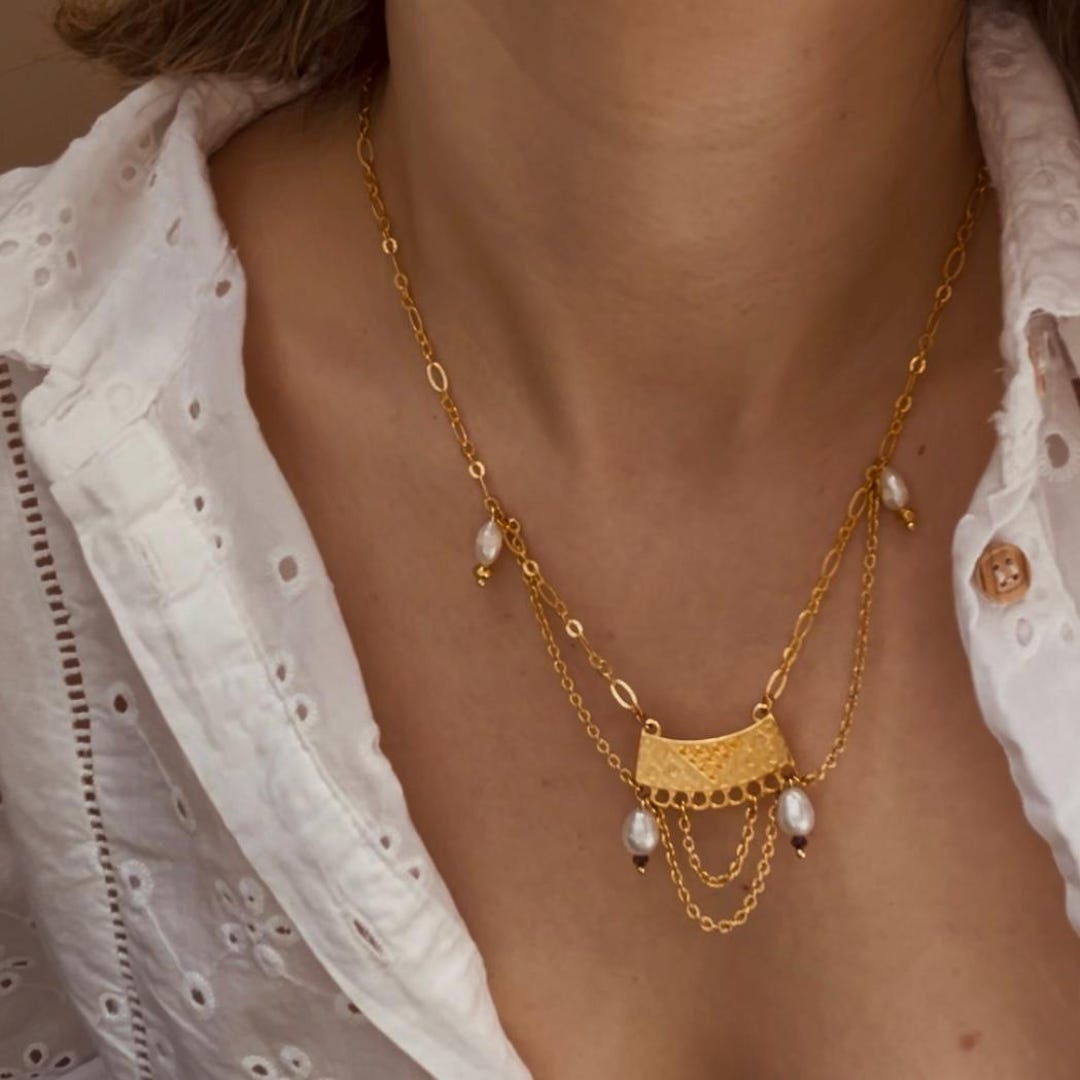 24k Gold Plated Pearl Necklace – Greek Folklore Inspired, Freshwater ...