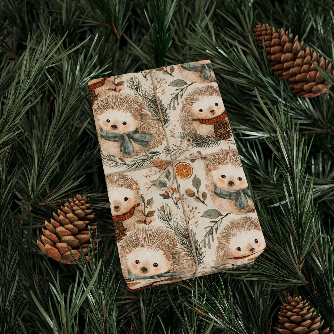Cottagecore Christmas Hedgehogs Wrapping Paper Soft Watercolor Woodland ...