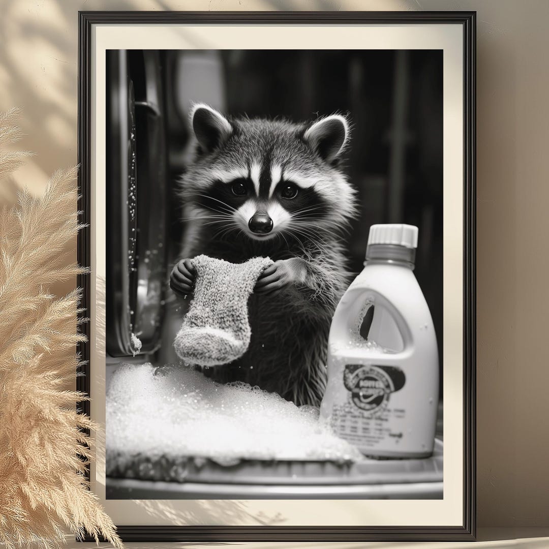 Laundry Raccoon Art, Black and White, Laundry Makeover, Printable Home ...
