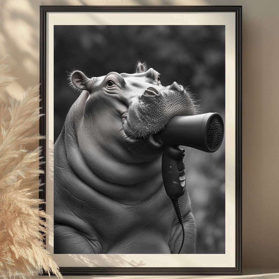 Funny Hippo Hair Dryer Art Print: Unique Bathroom Wall Decor (digital ...