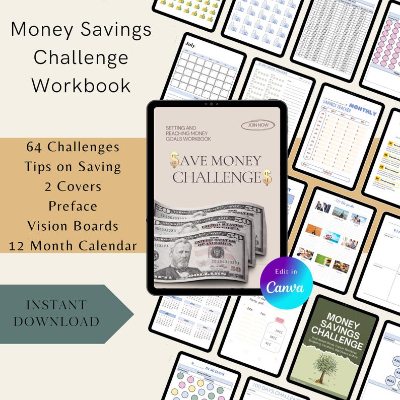 Money Savings Challenge Workbook: Printable Goal Trackers (PLR Canva ...
