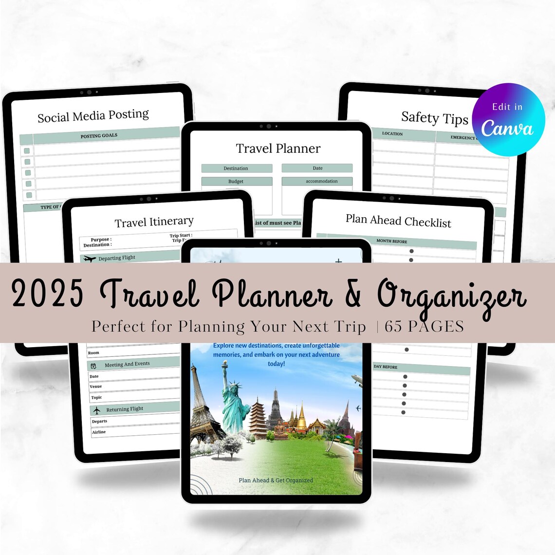 2025 Travel Vacation Planner Organizer | PLR Canva Templates | 65 Pages ...