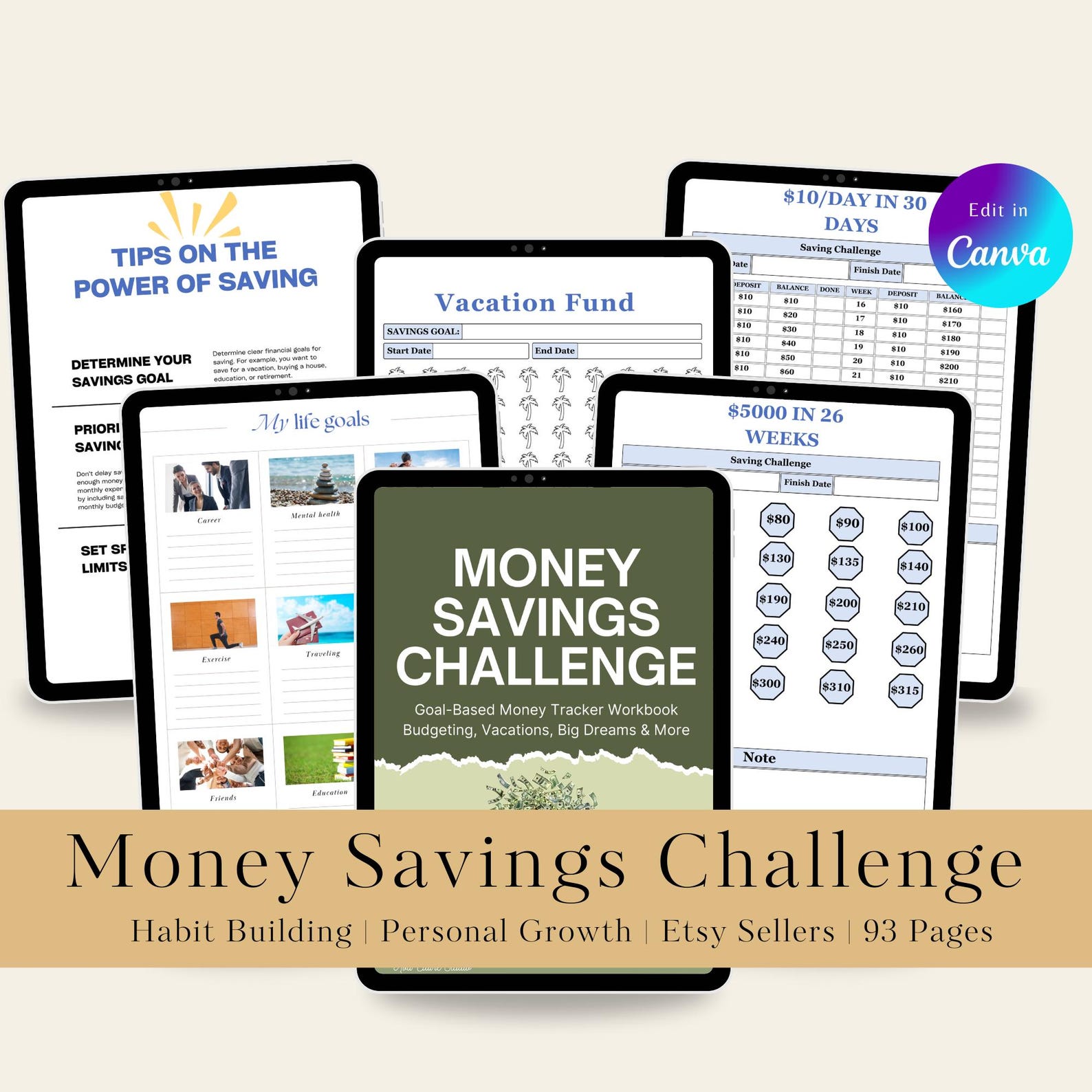 Money Savings Challenge Workbook: Printable Goal Trackers (PLR Canva ...