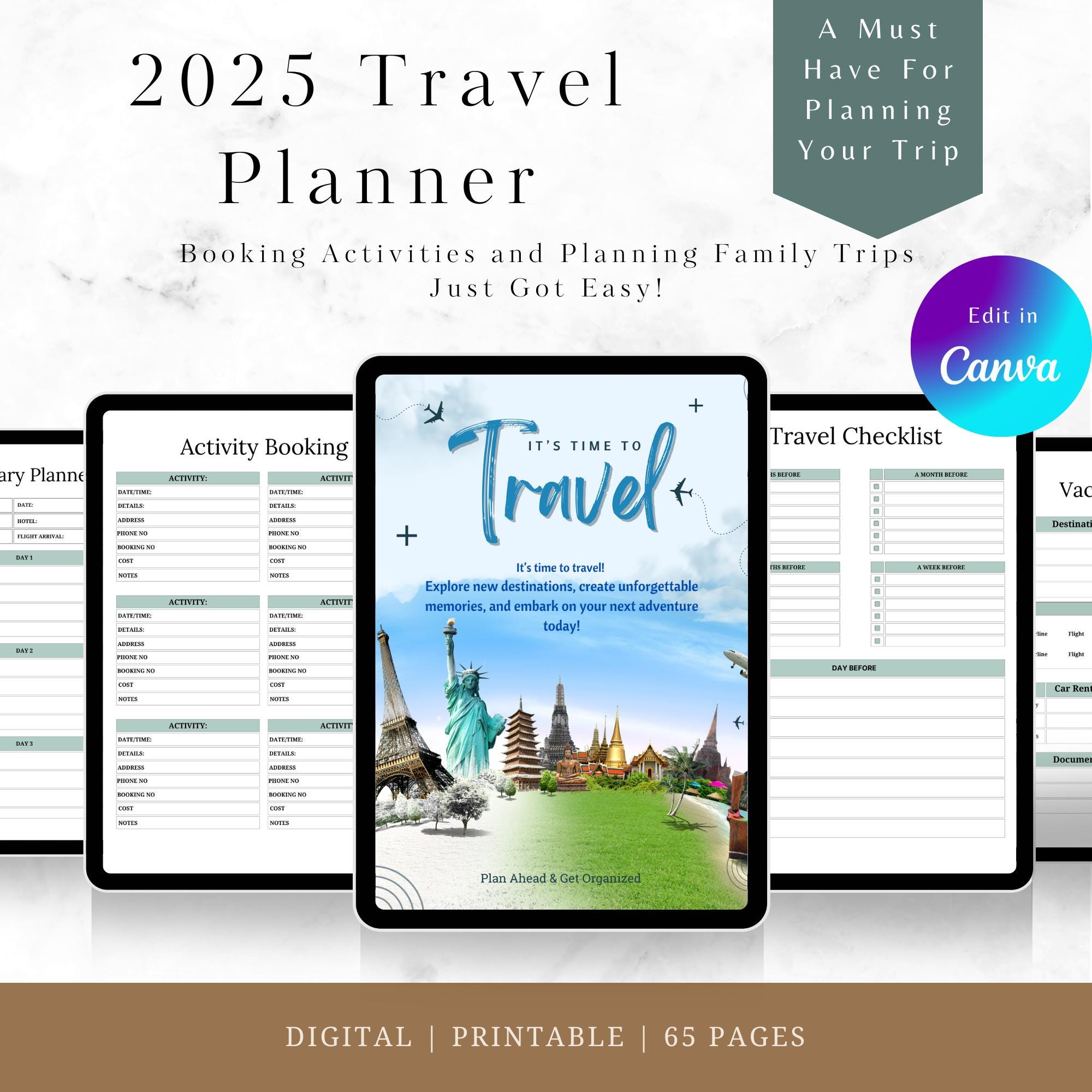 2025 Travel Vacation Planner Organizer | PLR Canva Templates | 65 Pages ...