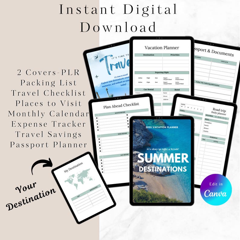2025 Travel Vacation Planner Organizer | PLR Canva Templates | 65 Pages ...