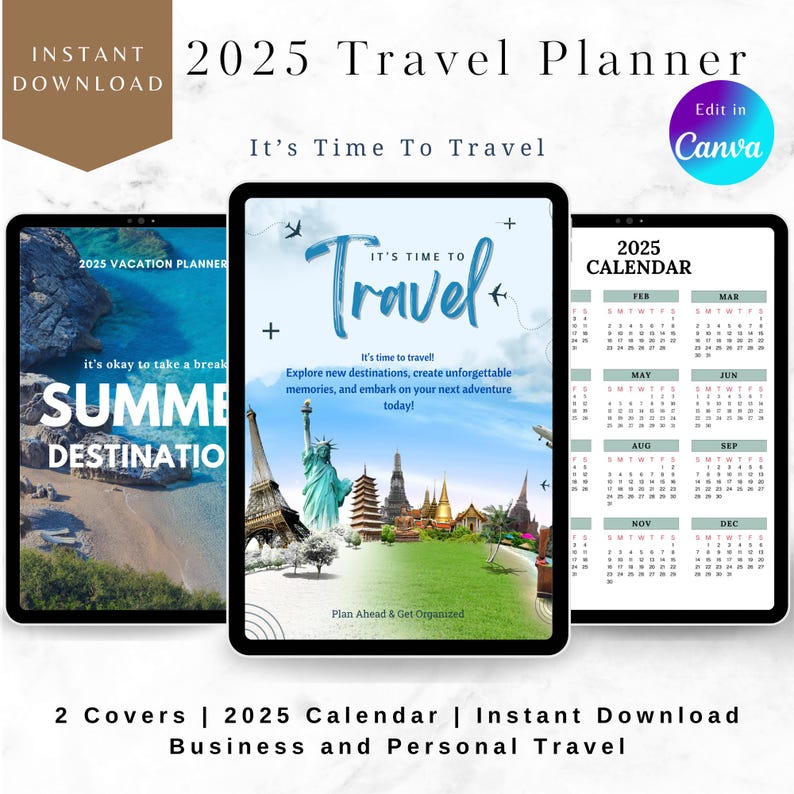 2025 Travel Vacation Planner Organizer | PLR Canva Templates | 65 Pages ...