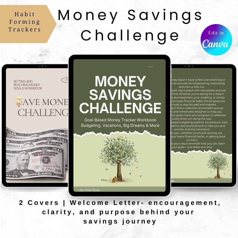Money Savings Challenge Workbook: Printable Goal Trackers (PLR Canva ...