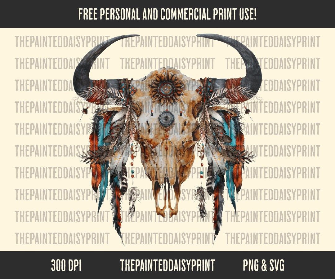 Boho Cow Skull Feather Watercolor Art (PNG SVG Digital Download) - Etsy