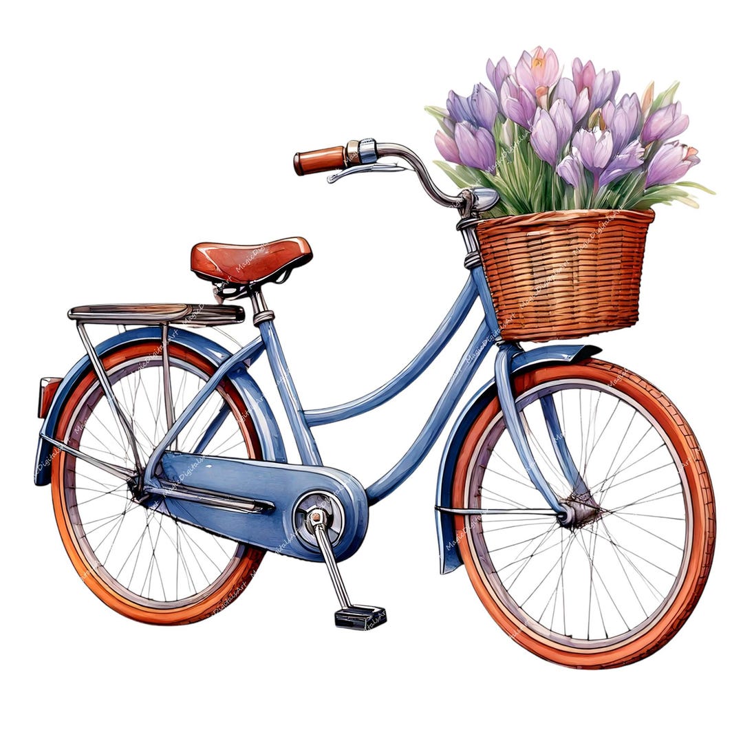 Retro Bicycle With Spring Flowers: 16 PNG Watercolor Clipart Bundle for ...