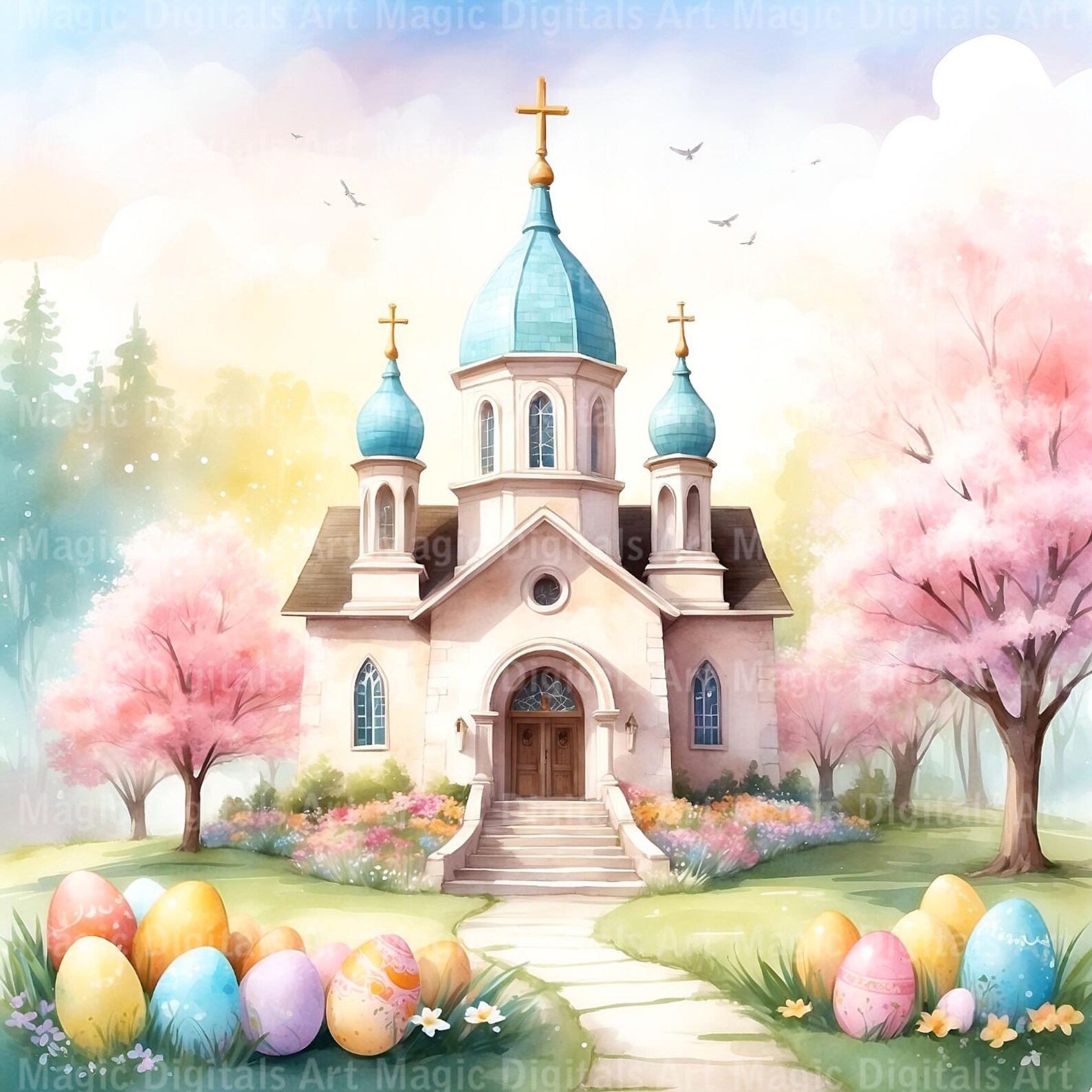 10 Easter Church Clipart | Vintage Storybook Watercolor | 12x12" High ...