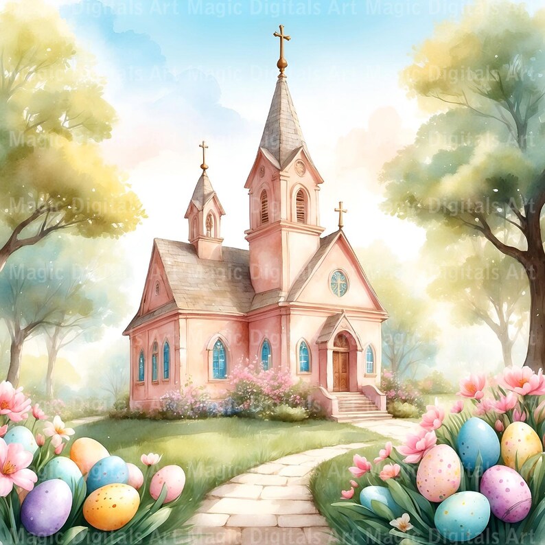 10 Easter Church Clipart | Vintage Storybook Watercolor | 12x12" High ...