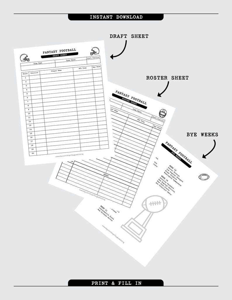 Fantasy Football Draft and Roster Sheets and Bonus Bye Week Calendar ...