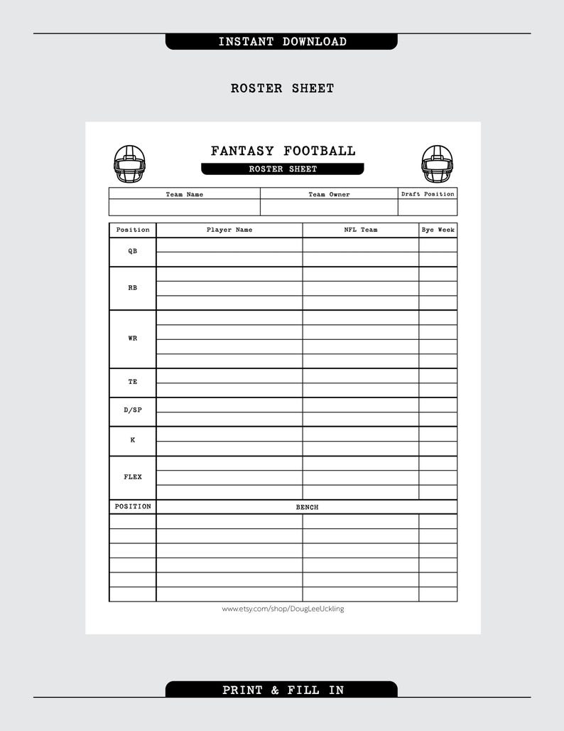 Fantasy Football Draft and Roster Sheets and Bonus Bye Week Calendar ...