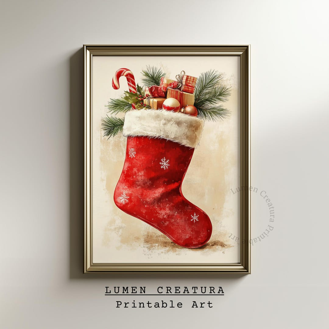 Vintage Christmas Stocking Art, Festive Holiday Print (digital Download ...