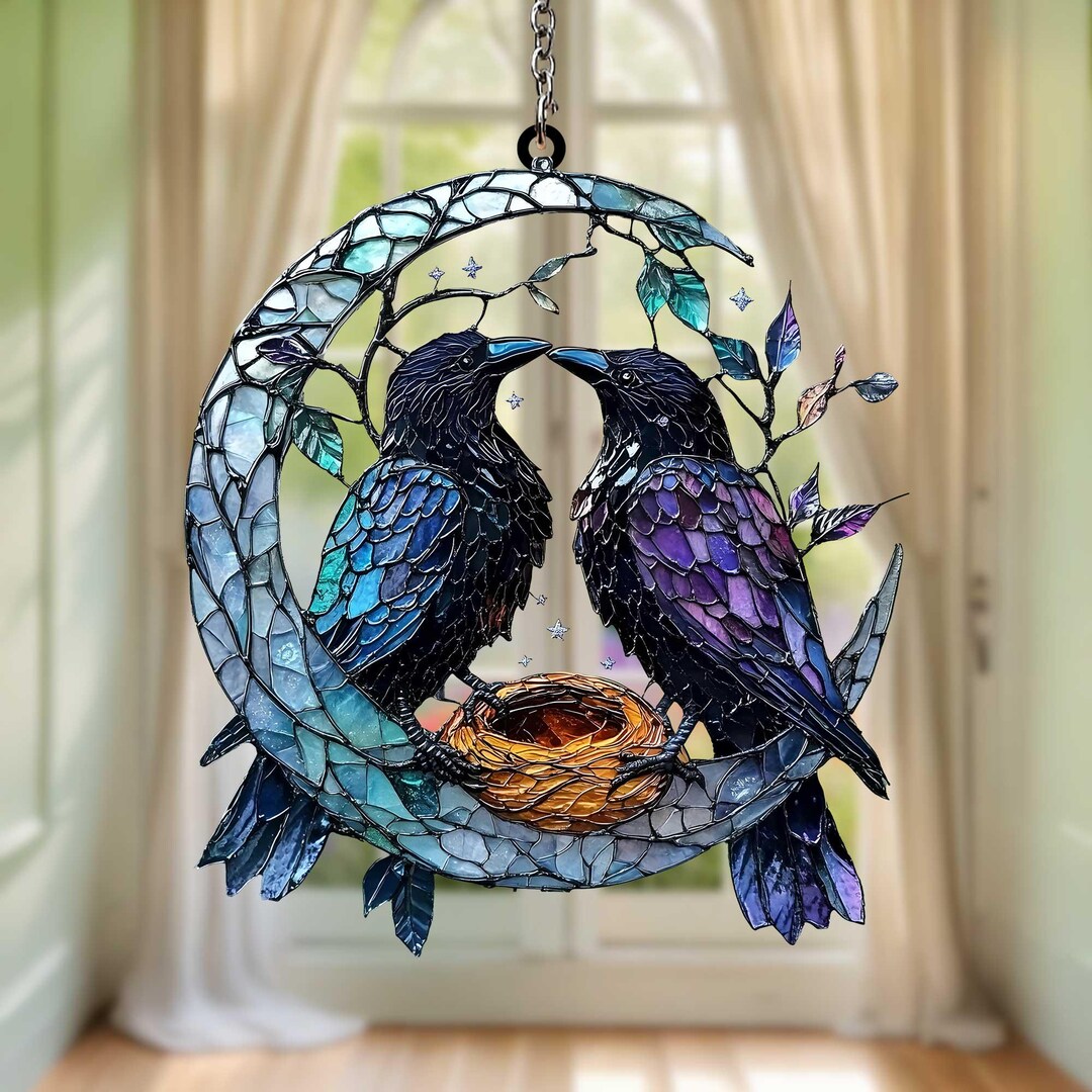 Gothic Romantic Raven Window Hanging, Faux Stained Glass Raven ...
