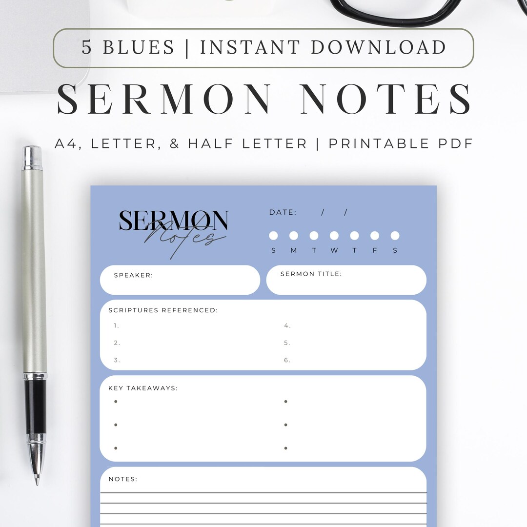 Blue Sermon Notes Printable Church Notes Digital Download Faith Based ...