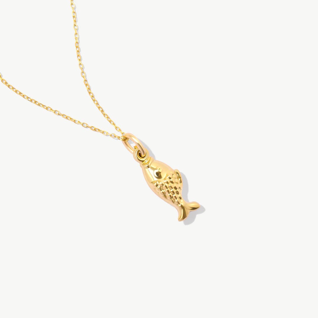 14K Real Solid Gold Fish Pendant Necklace · Good Luck Charm - Etsy