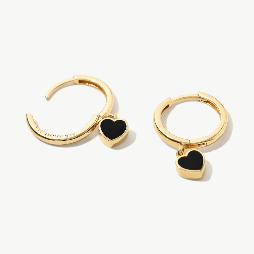 Personalized 14K Solid Gold Heart Dangling Hoops, Custom Love Earrings ...