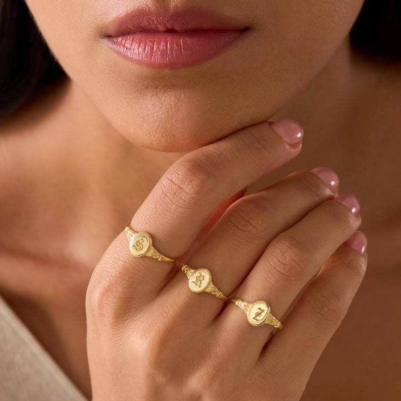 14K Gold Signet Ring, Custom Initial Pinky Ring, Personalized ...