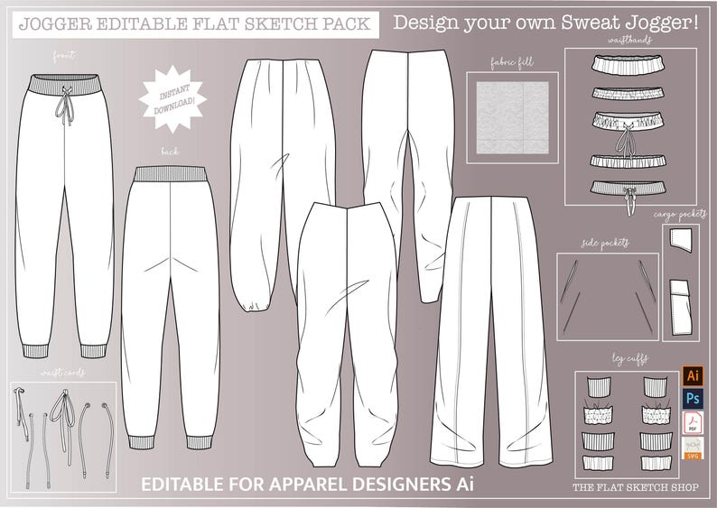Sweat Jogger Editable Flat Sketch Pack - Etsy