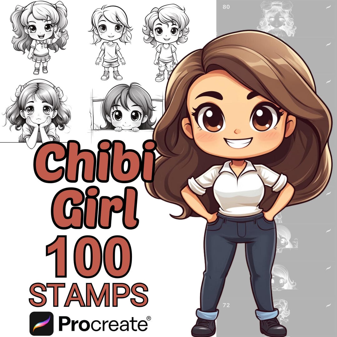 Procreate Chibi Girls Brushes | 100 Cute Chibi Girls Procreate Stamps ...