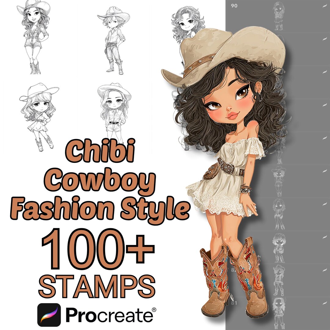 Procreate Chibi Cowboy Fashion Style Brushes | 100+ Cowboy Fashion ...