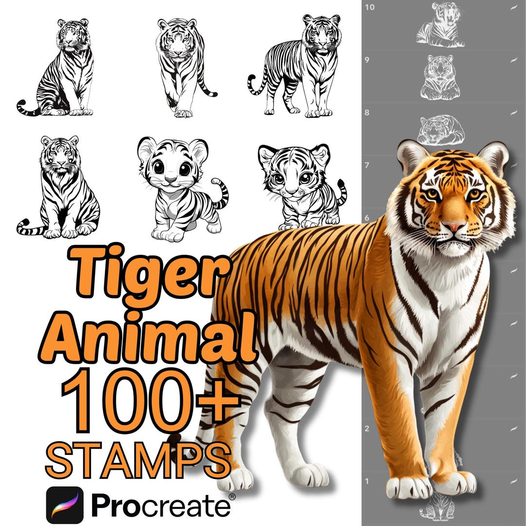 Procreate Tiger Animals Brushes | 100+ Tiger Animals Procreate Stamps ...