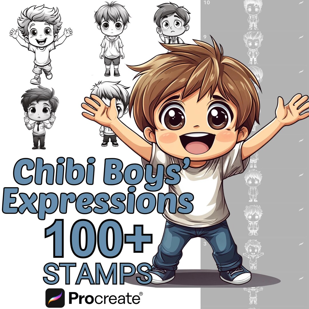 Procreate Chibi Boys Expressions Brushes | 100+ Cute Chibi Boys ...